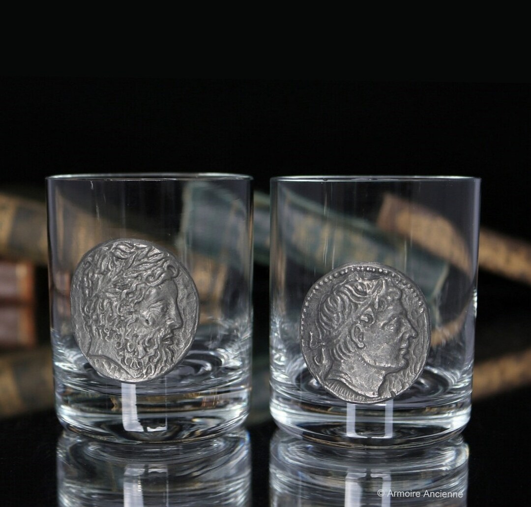 Whiskey Glasses With Pewter Coins Decor | Set of 2 - Etsy
