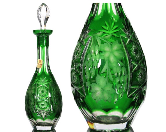 Small CRYSTAL DECANTER With Green Overlay Grapes Cut - Etsy