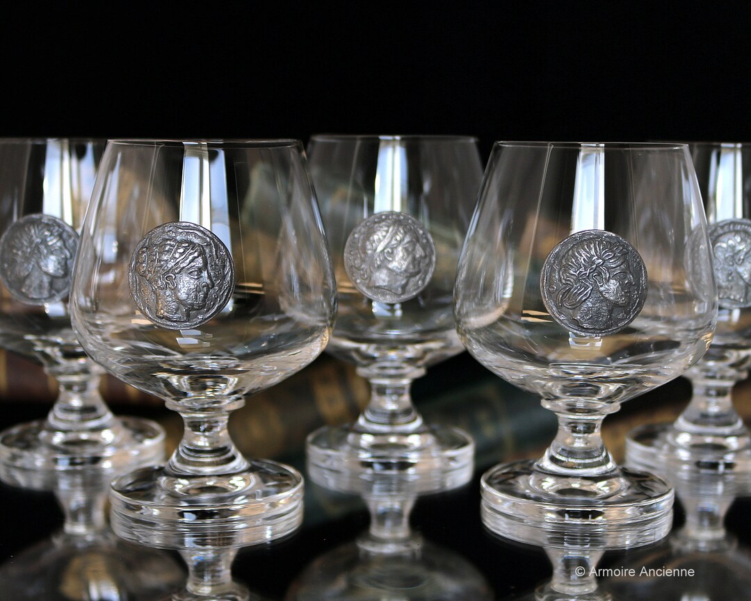2x Cognac Glasses With Pewter Coins - Mid Century Brandy Snifters - Etsy