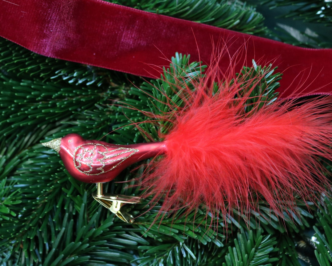 Clip on Bird Red With Ostrich Feather Tail Glass Christmas Tree Decor ...