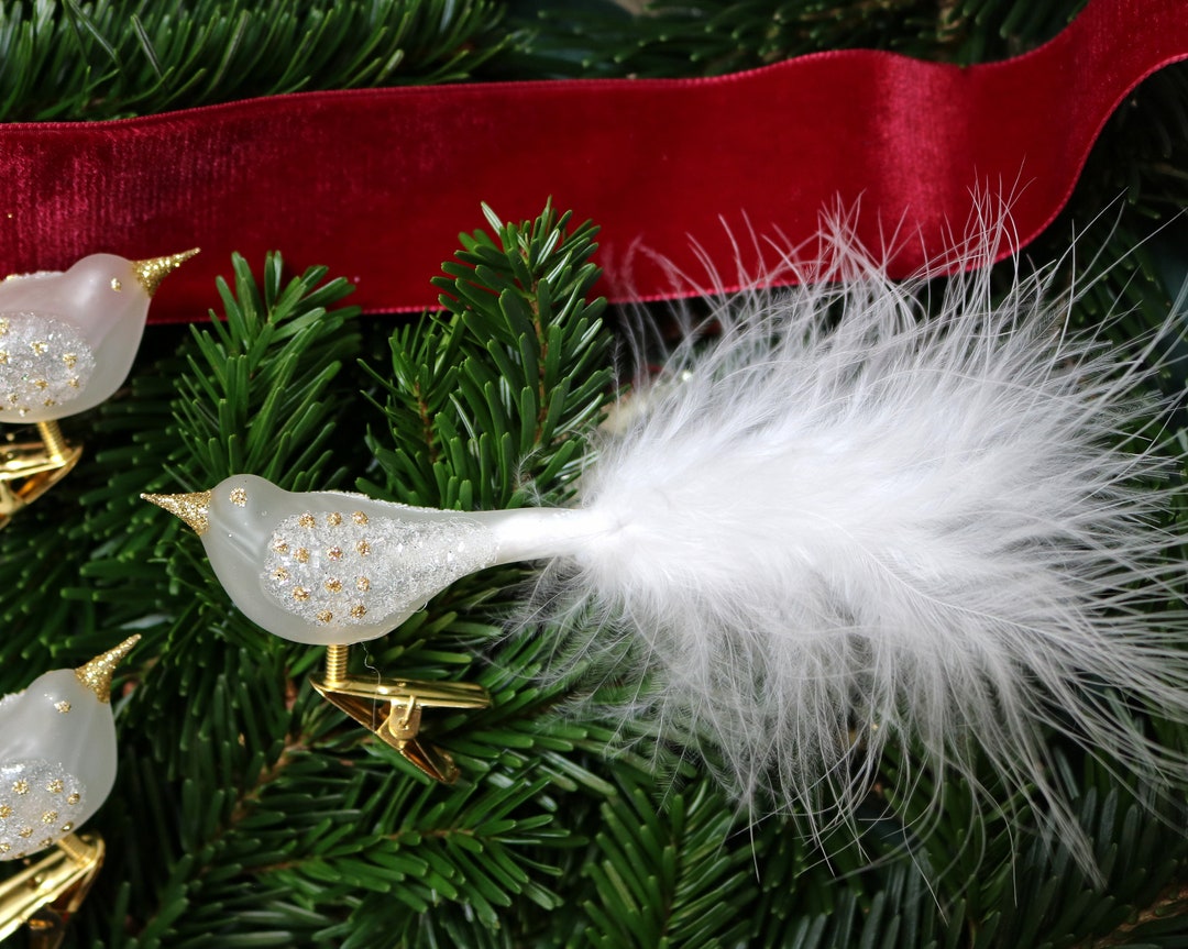 Clip on Bird White & Gold With White Ostrich Feather Tail Glass ...