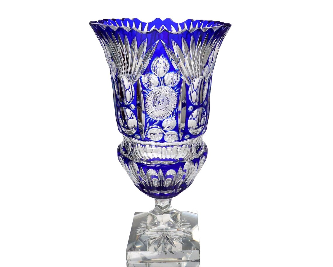 XL Large Footed CRYSTAL VASE - Empire Style - Cobalt Blue Crystal ...