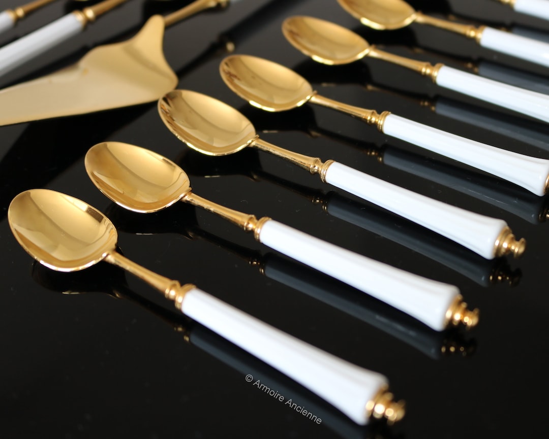 6x HANSEAT Tea Spoons, 24K Gold-plated With Porcelain Handles - Design ...