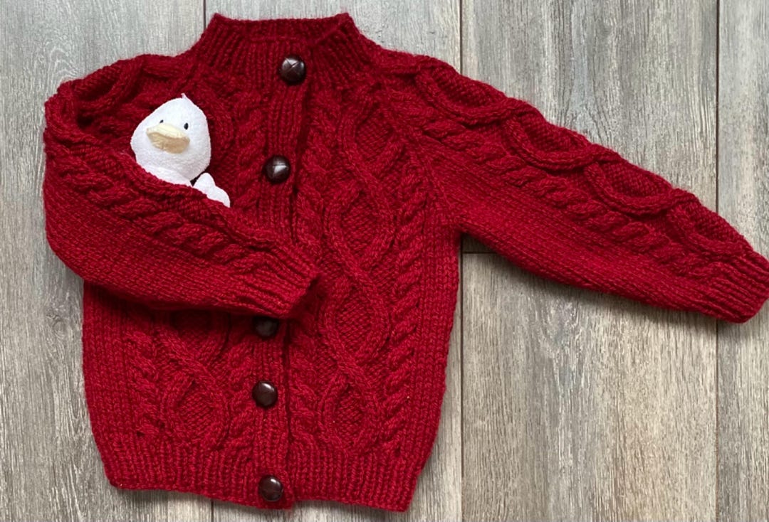 Girls Red Cardigan, Chest 56cms, Wool Blend Yarn, Cable Pattern ...