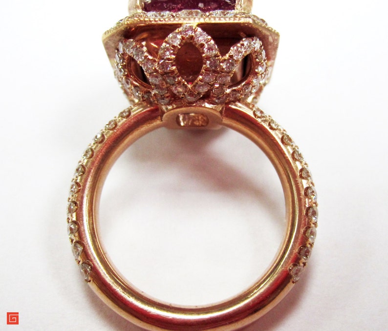 Ruby Crown Ring Wtih Diamonds in 18K Rose Gold (8.16 Ct Cushion Shape ...