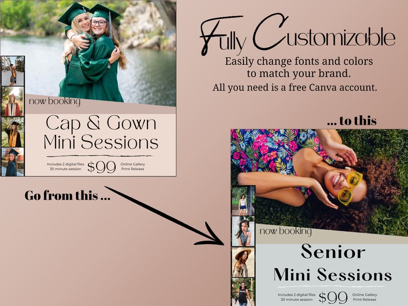Cap & Gown Canva Mini Session Bundle, Photographer Business Tools, Senior Photographer Mini ...