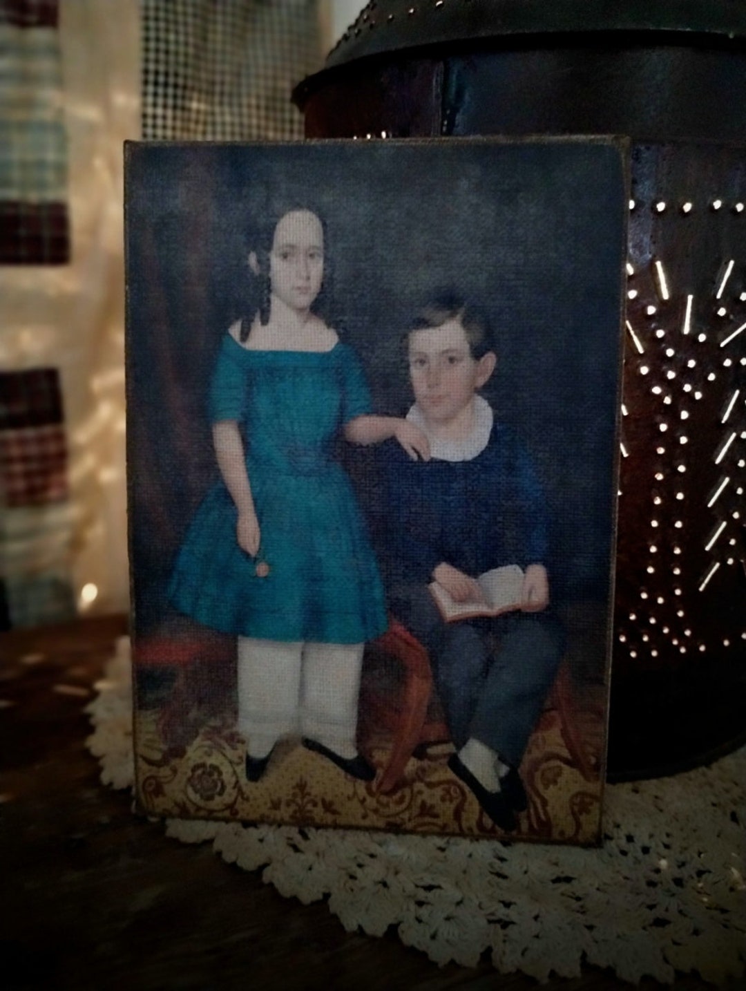 Handmade Primitive Reproduction Brother Ans Sister Print on Canvas ...