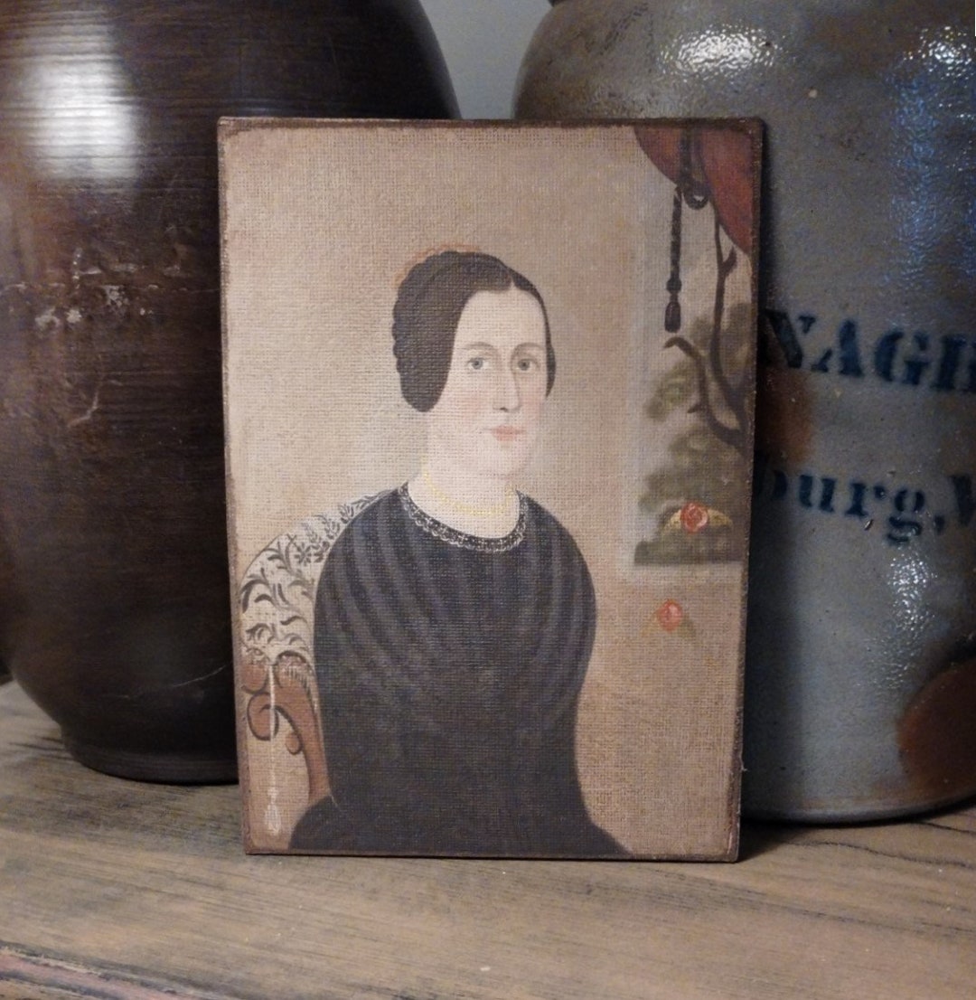 Handmade Primitive Reproduction Woman With Gold Necklace Print on ...