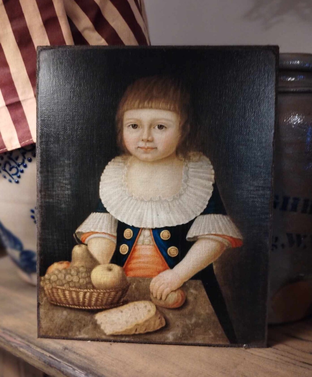 Handmade Primitive Reproduction Child With Fruit and Bread Print on ...