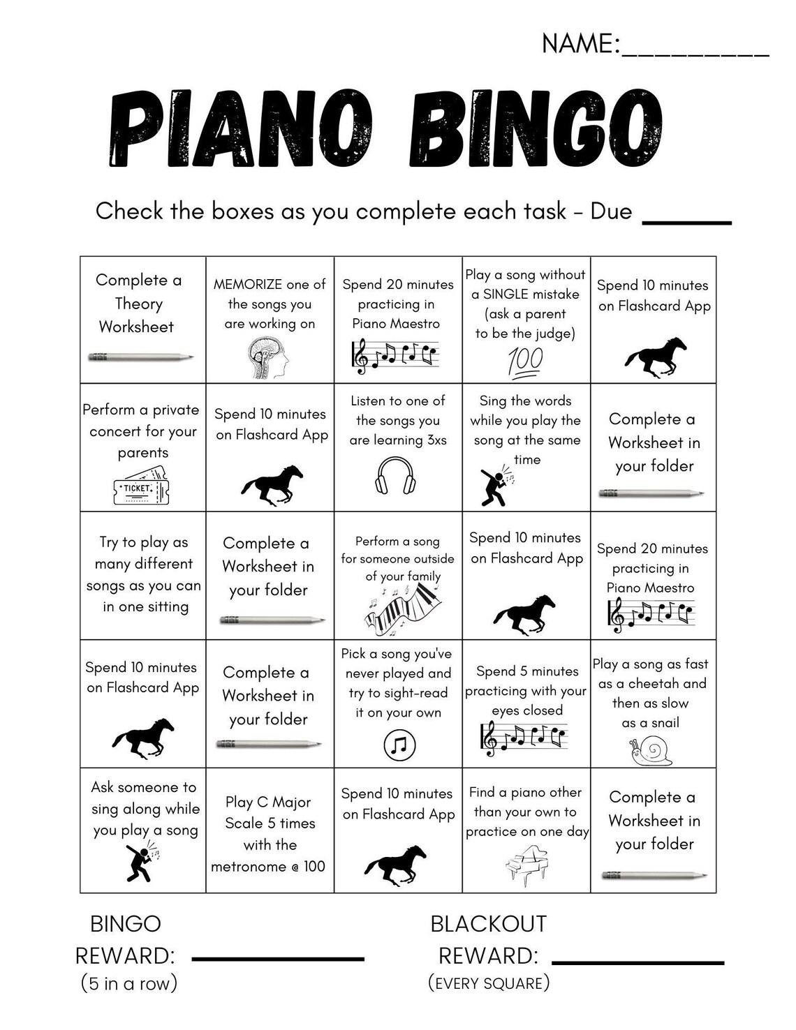 Piano Bingo Practice Sheet Student Game Piano Resource for Begginers ...