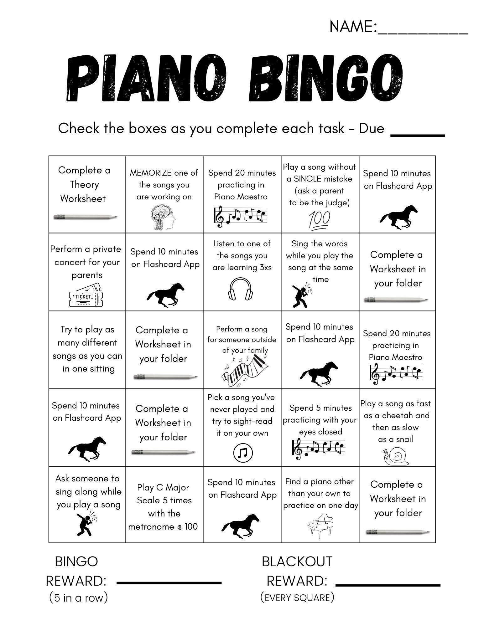 Piano Bingo Practice Sheet Student Game Piano Resource for Begginers ...