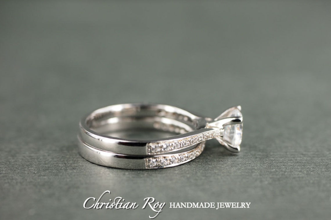 Round Cut Diamond Simulant Engagement Ring Set Sterling - Etsy