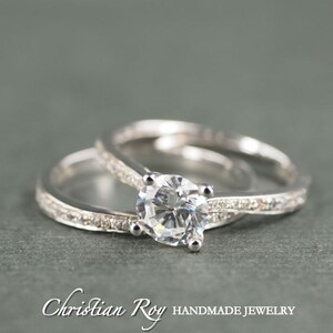 Round Cut Diamond Simulant Engagement Ring Set - Sterling Silver CZ ...