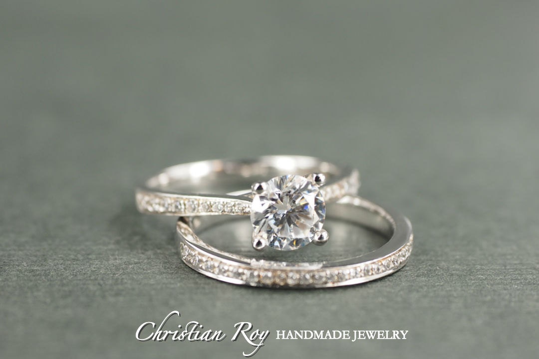 Round Cut Diamond Simulant Engagement Ring Set - Sterling Silver CZ ...