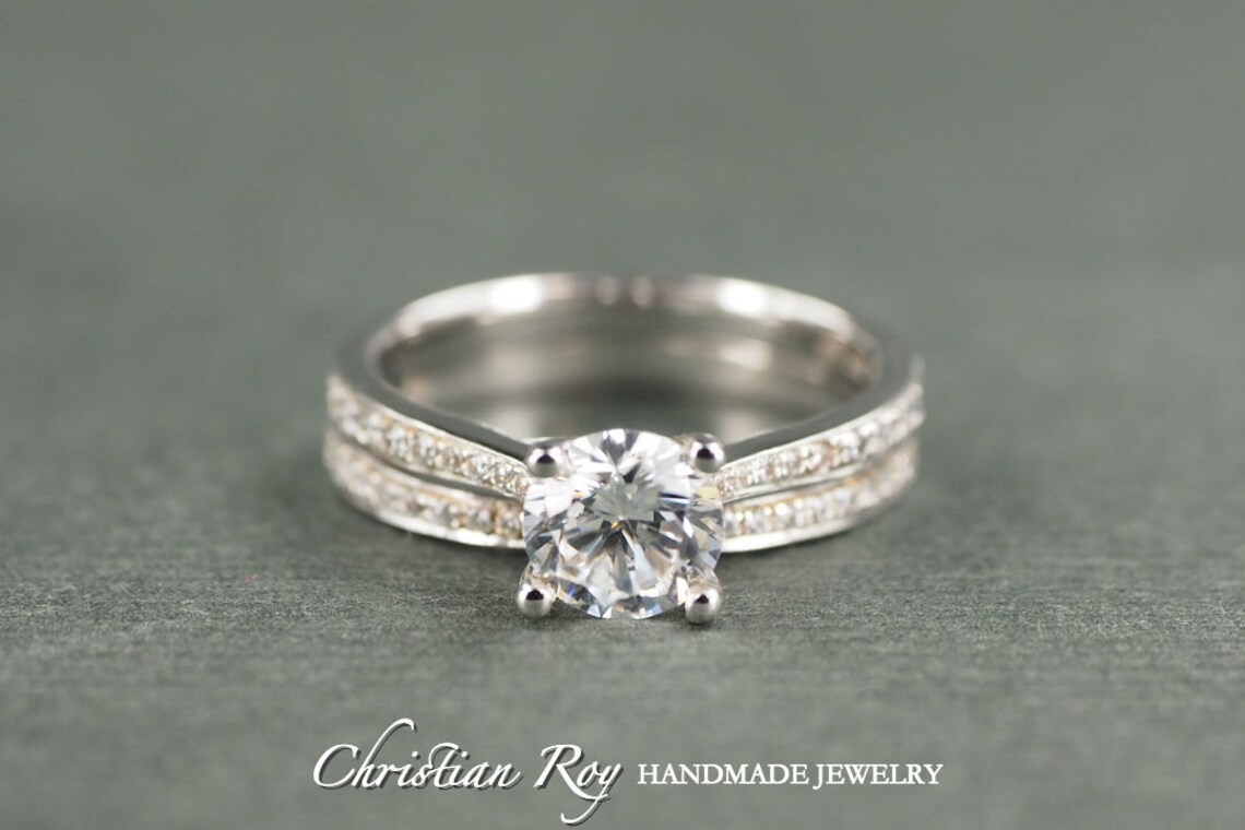 Round Cut Diamond Simulant Engagement Ring Set Sterling - Etsy