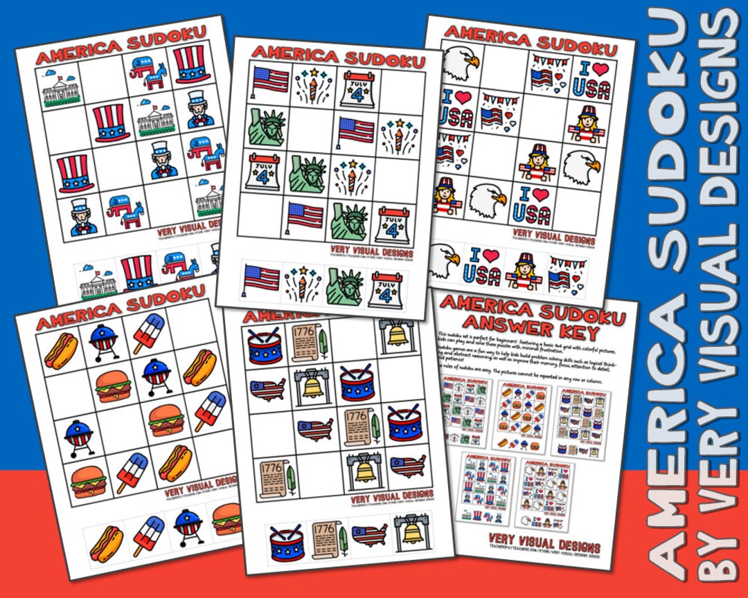 KIDS PICTURE SUDOKU America July 4th Holiday Printable Puzzles for ...