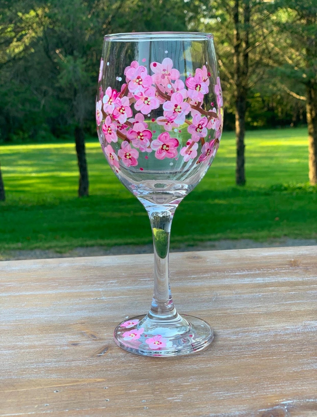 Cherry Blossom Flower Wine Glass, Spring Flower Handpainted Wine Glass ...