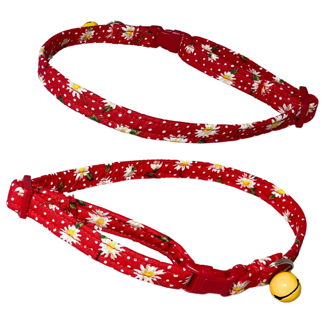 Red Daisy Cat Collar With Breakaway Buckle and Yellow Bell- Name ...