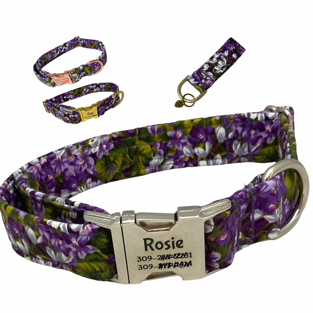 Purple Floral Personalized Collar With Key Fob -laser Engraved Buckle ...