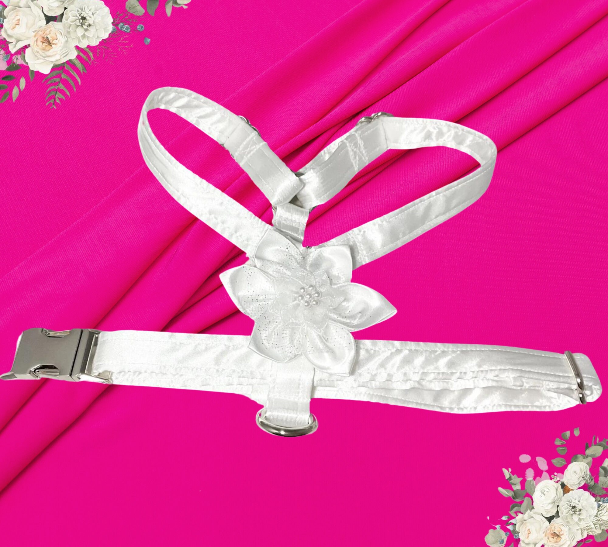 White Satin Wedding Dog Harness With Silver Metal Buckle / Satin Roman ...