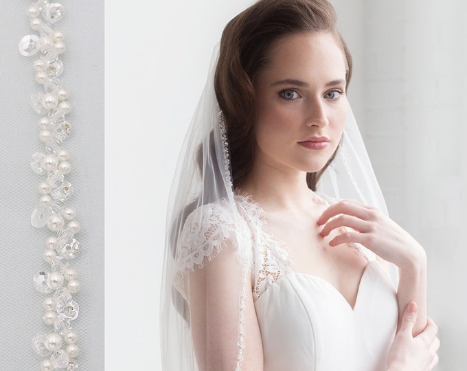 Beaded Bridal Veil, Pearls Edge Veil, Elegant Fingertip Veil, Crystal ...