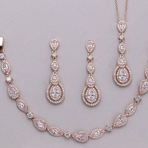 Rose Gold Wedding Jewelry Set Rose Gold Necklace Set Cubic - Etsy