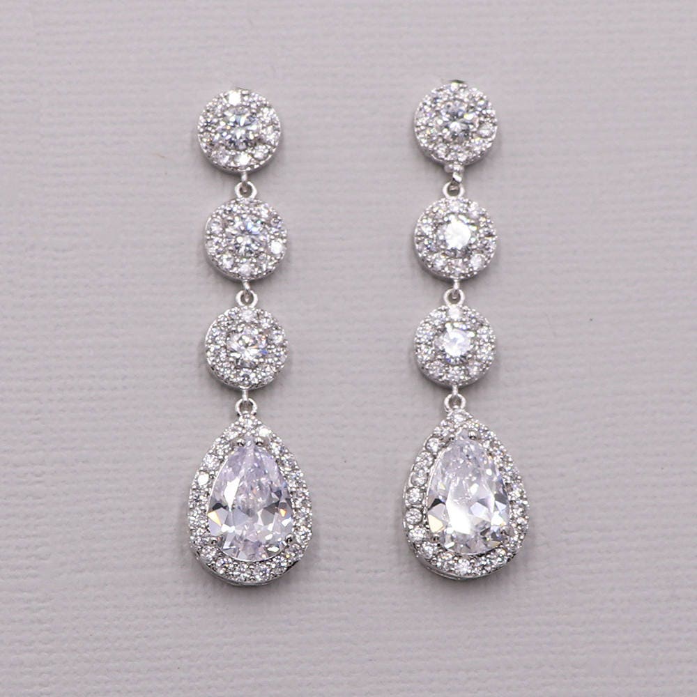Long Wedding Earrings Bridal Earrings Round And Pear Cubic Etsy