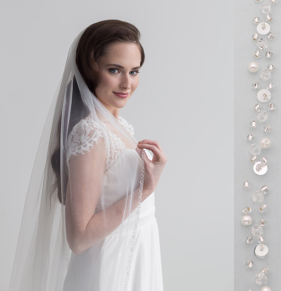Pearl Edge Veil, Cathedral Crystal Bridal Veil, Crystal Beaded Edge ...