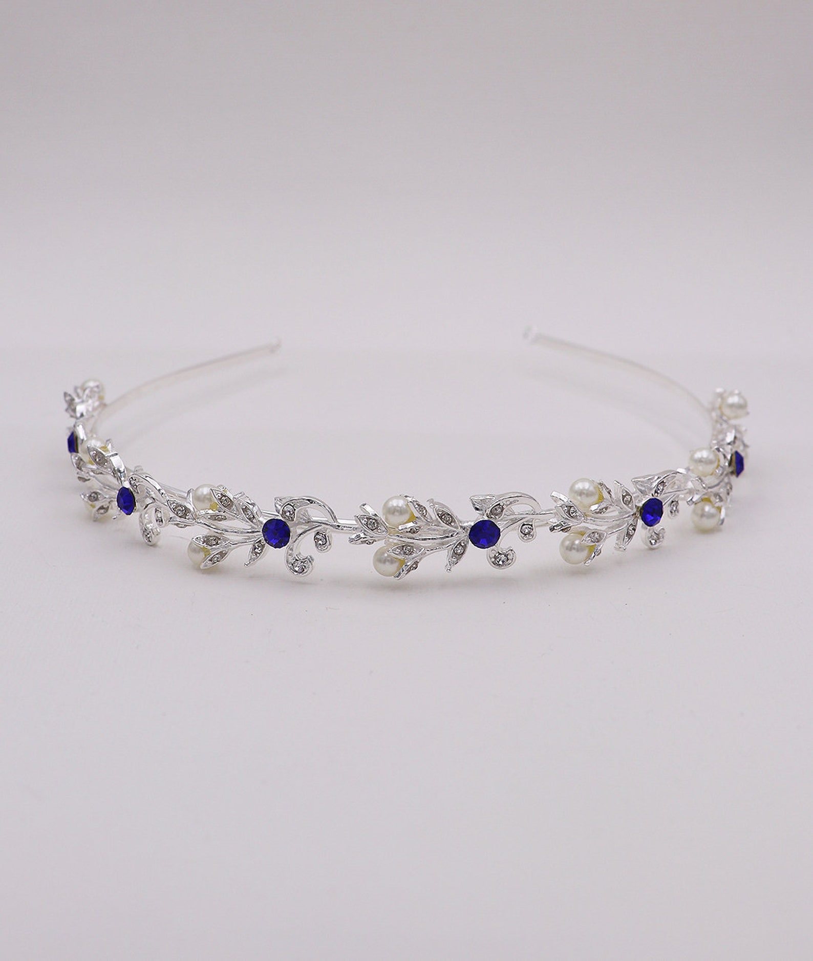 Sapphire Blue Bridal Headband Pearl Wedding Headband Wedding Etsy