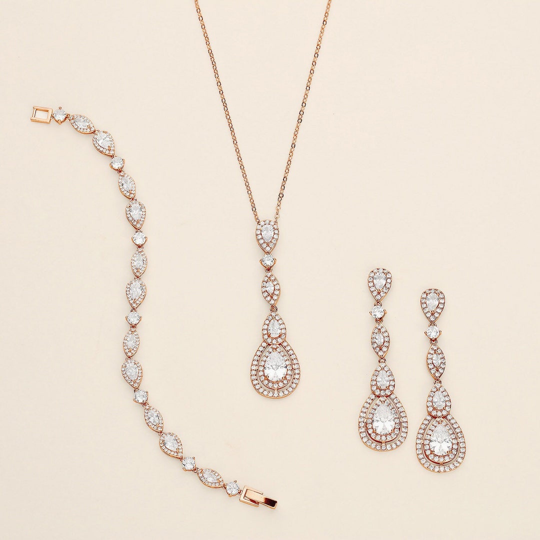 Long Rose Gold Jewelry Set, Wedding Jewelry Set, Cubic Zirconia ...