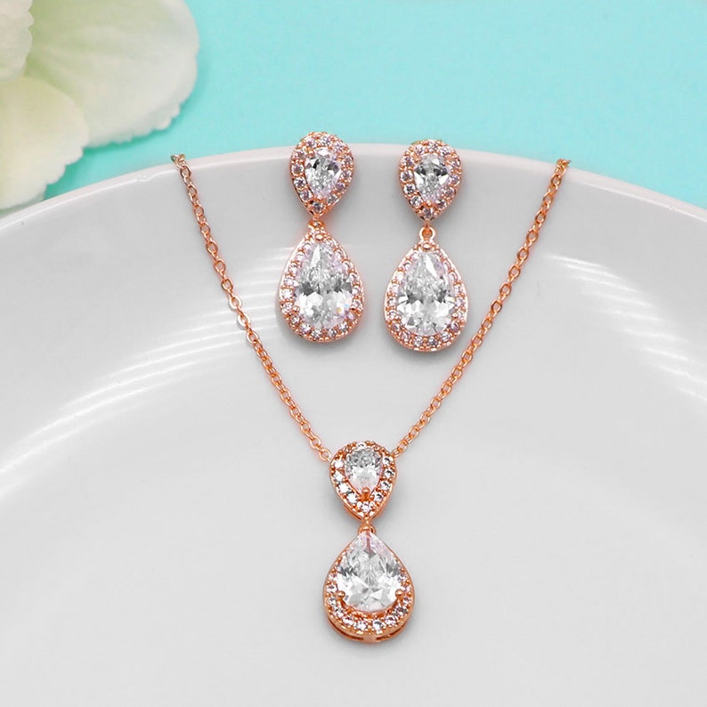 Rose Gold Jewelry Set Cz Wedding Necklace Set Bridal Etsy