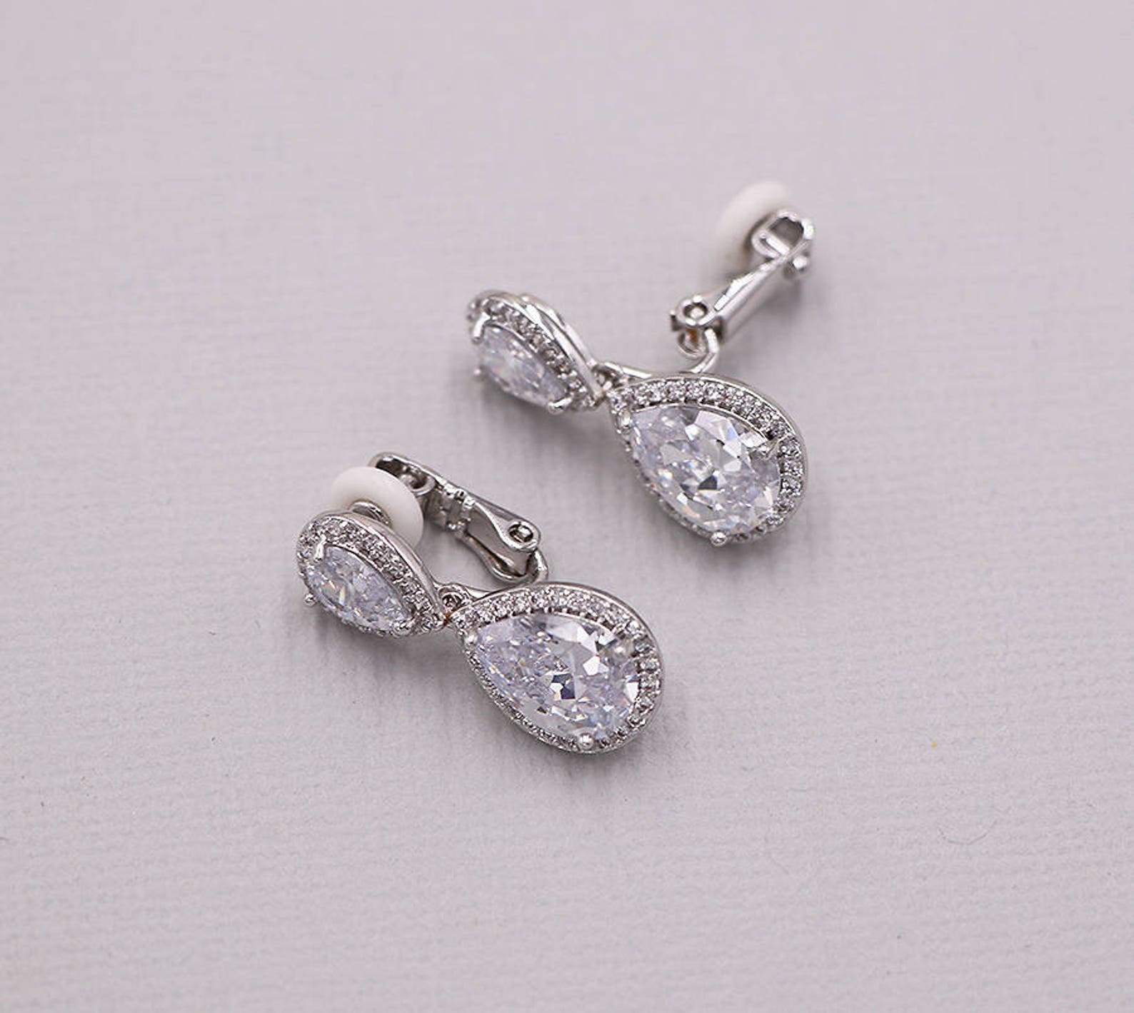 Clip on CZ Earrings Pear Cubic Zirconia Earrings Clip on - Etsy