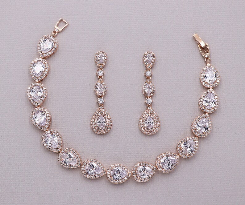 Rose Gold Wedding Jewelry Set Rose Gold Necklace Set Cubic | Etsy