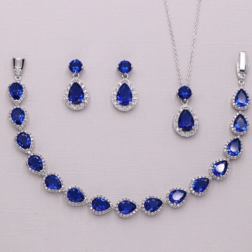 Sapphire Blue Bridal Jewelry Set Earring Necklace Set Blue - Etsy