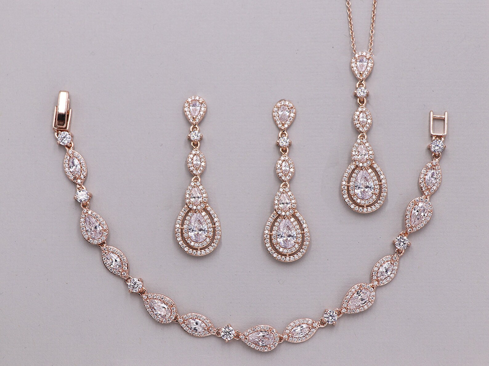 Long Rose Gold Jewelry Set Wedding Jewelry Set Cubic - Etsy