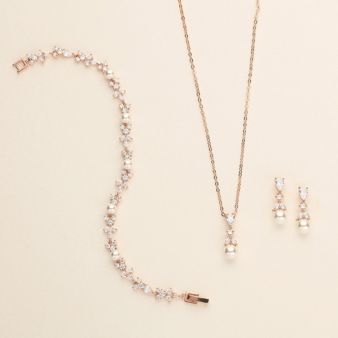 Rose Gold Pearl Jewelry Set, Pearl Wedding Jewelry, Gold Wedding ...