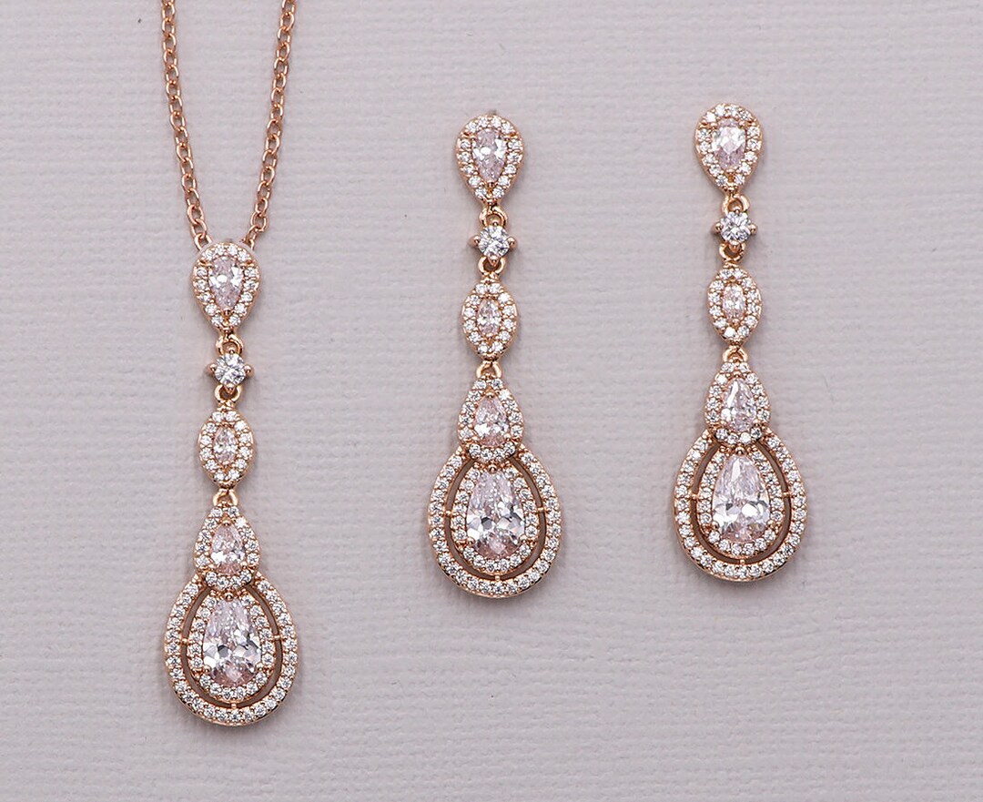 Long Rose Gold Jewelry Set Teardrop Wedding Earrings Crystal - Etsy
