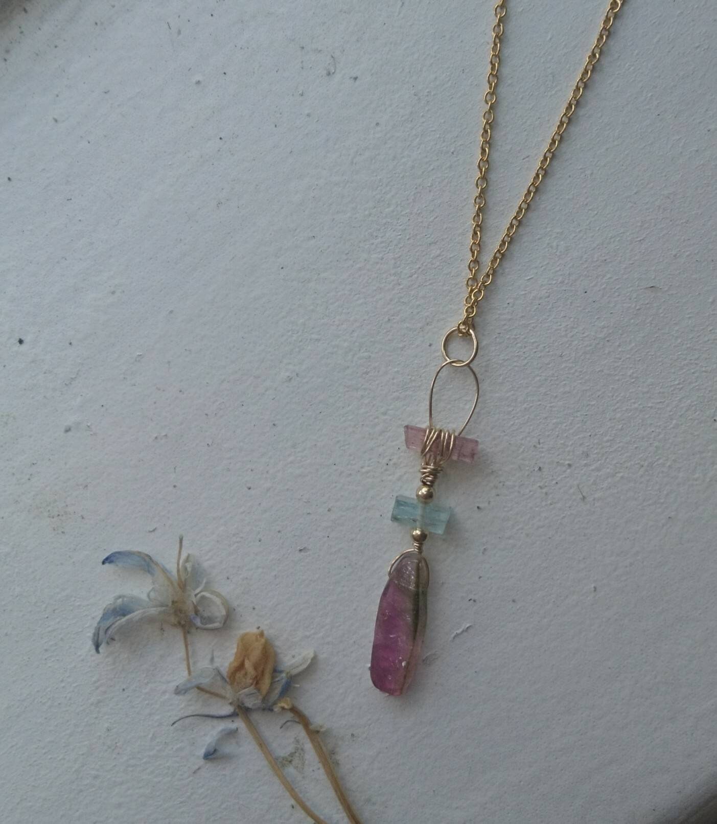 Watermelon tourmaline pendant necklace in 14k gold fill, minimal jewelry