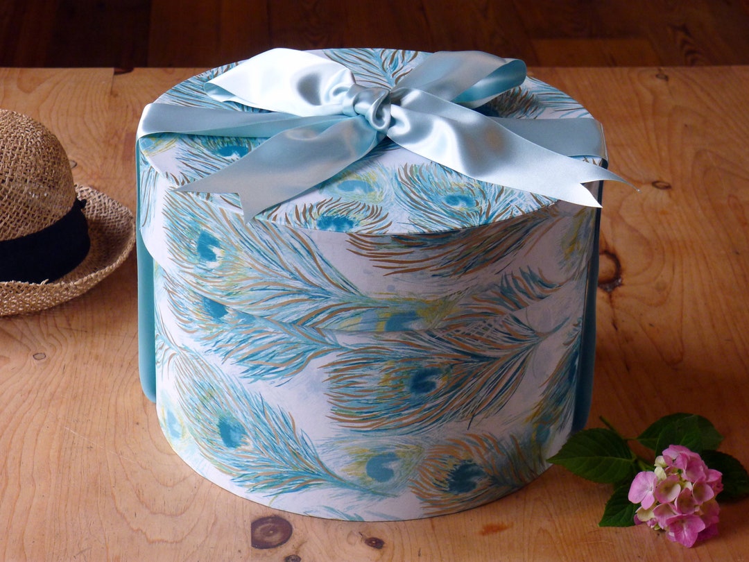 Small Edwardian Style Hat Box in Feathers Teal Design | Handmade in ...