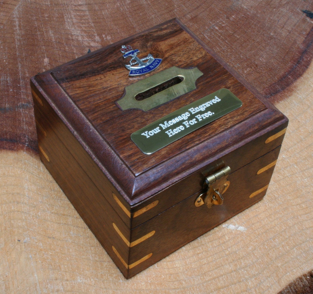 Royal Navy Anchor Wooden Money Box Chest With Personalised Free ...