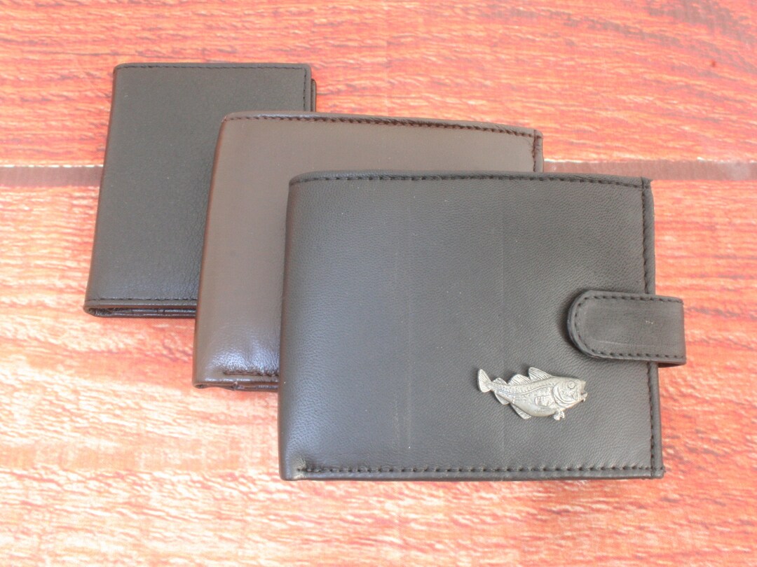 Fishing Themed Leather Wallet Black and Brown or Card Holder Mens Carp ...