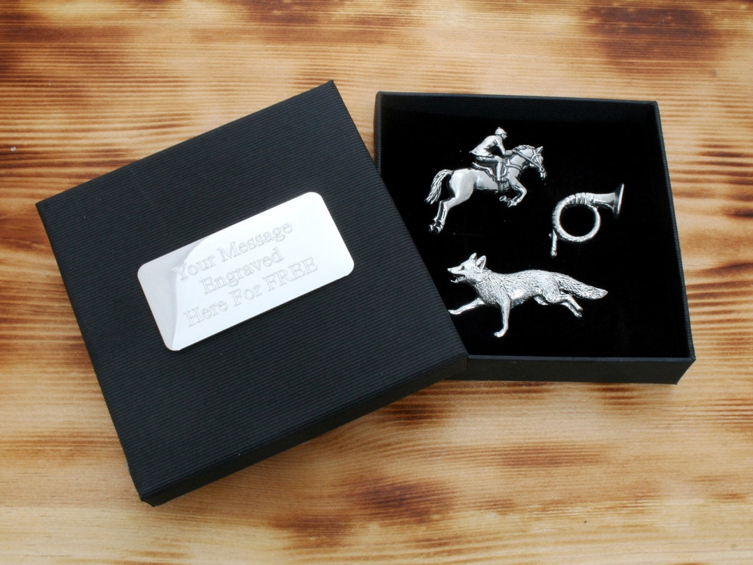 Hunting Personalised Trio of Lapel Pins in Birthday Gift Box Fox Horn ...