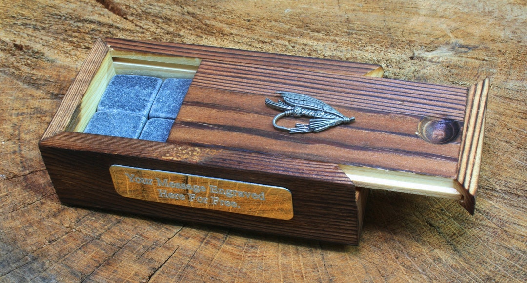 Fishing Fly Ice Cubes Whiskey or Gin Stones in Wooden Box Set of 6 ...