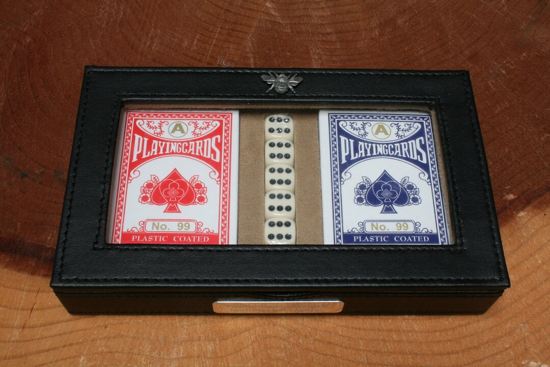 Bee Poker Cards & 5 Dice Set in Black PU Case Personalised Free ...