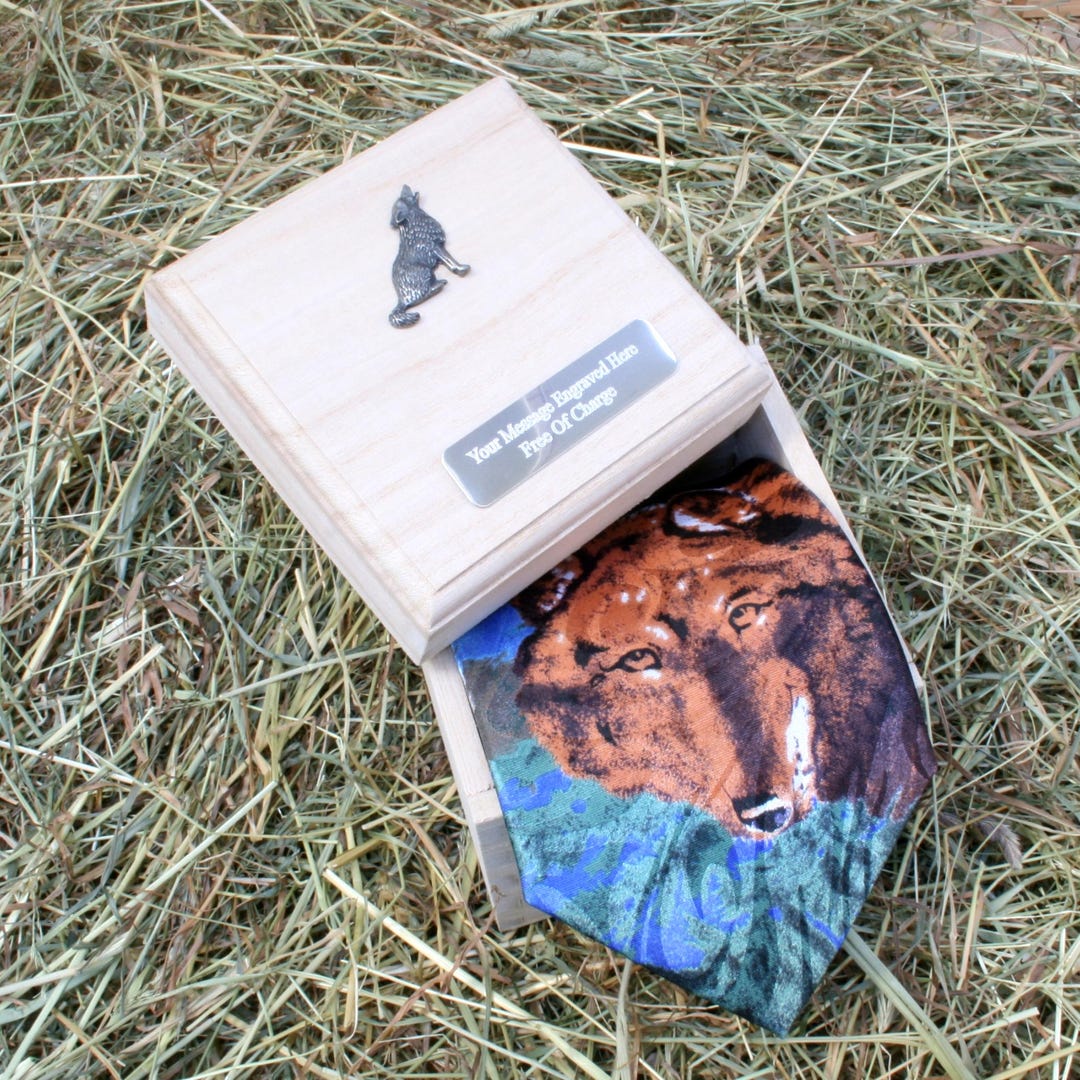 Navy Wolf Tie – Wolf Patterned Tie in Engraved Wooden Gift Box - Etsy