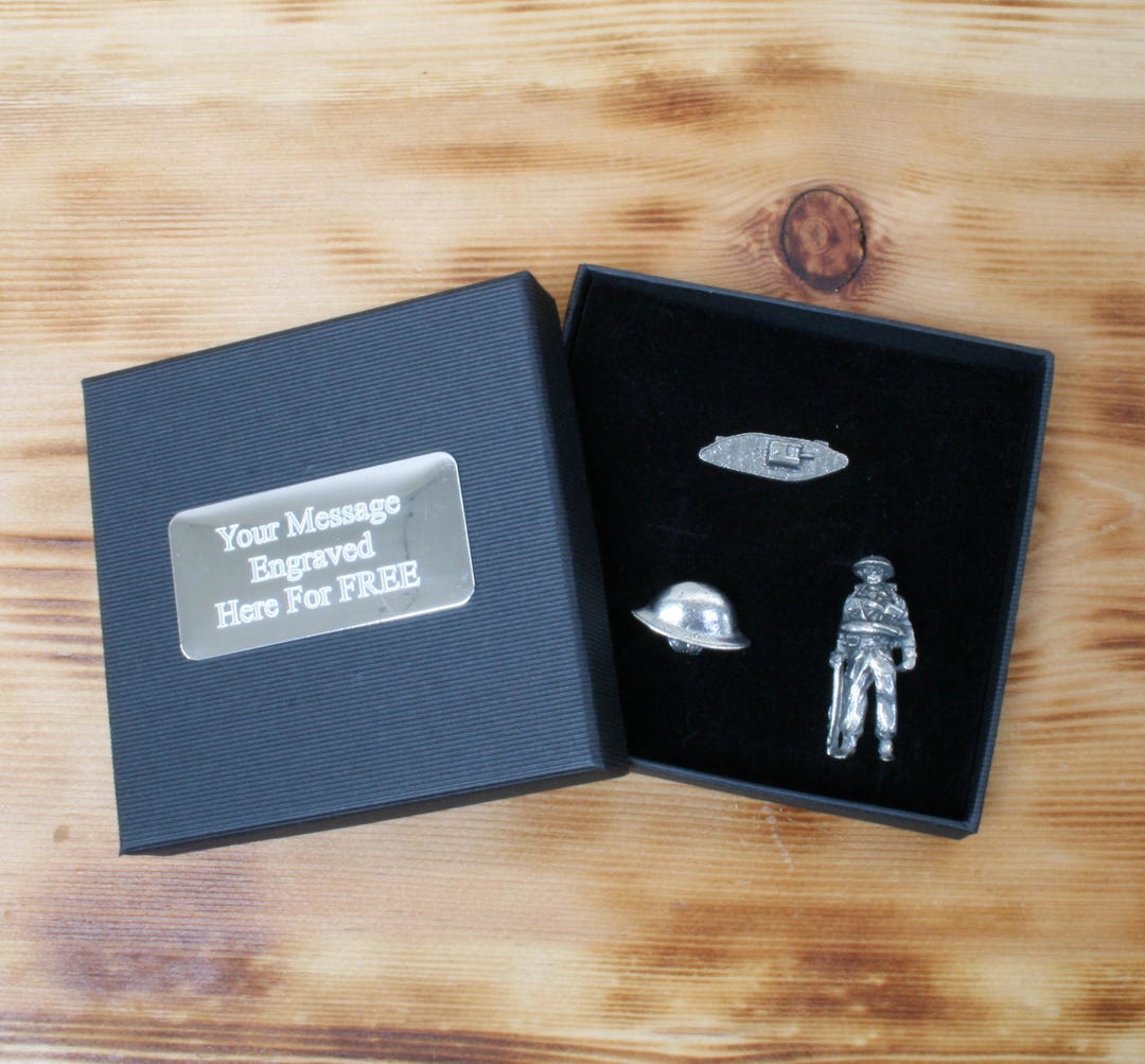 WW1 Set of 3 Pewter History Pin Badges: Army Tank, Soldier & Soldiers ...