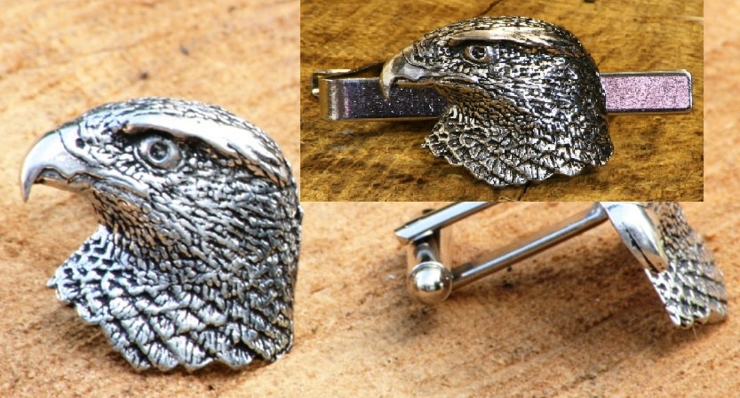 Hawk Head Cufflinks & Tie Tack Slide Clip Mens Falconer Fathers Day ...