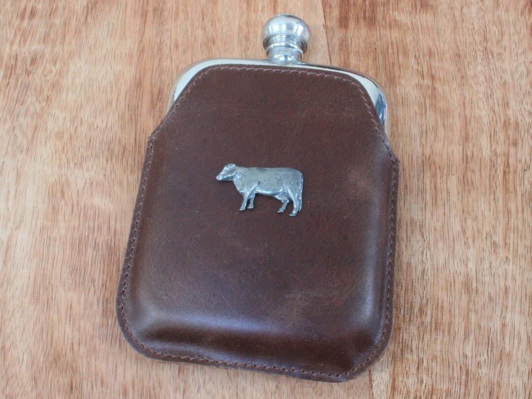 Farmyard Animals Pewter 4oz Kidney Hip Flask Brown Leather Pouch ...
