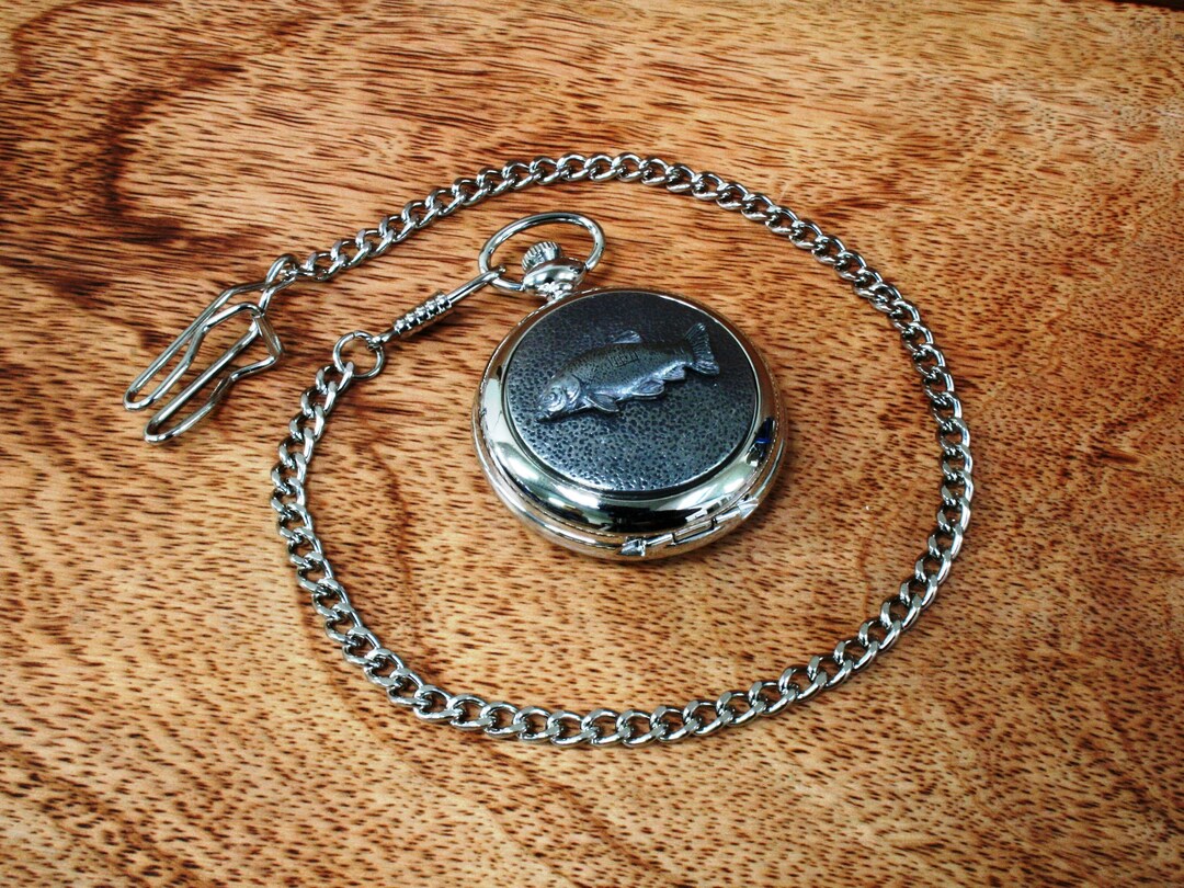 Fishing Themed Pocket Watch and Chain Pewter Fronted Quartz ...