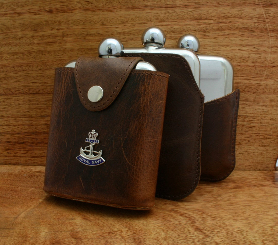 Royal Navy Regiments 6oz Leather Cased Hip Flask Stainless Steel ...